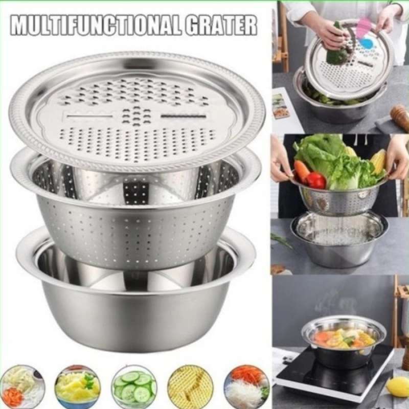 Jual Baskom Stainless 3 In 1 / Parutan Saringan Sayur Dan Buah ...