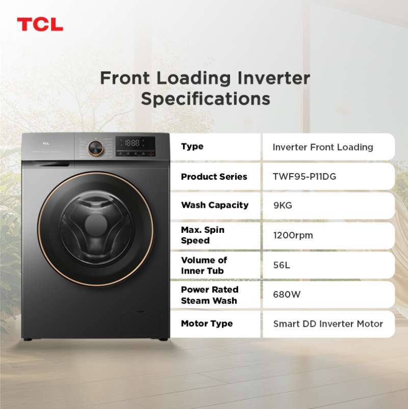 Promo Tcl Mesin Cuci 1 Tabung - Front Loading Inverter P11 9 Kg - Ebs Steam Wash - Quick Wash 15 ...