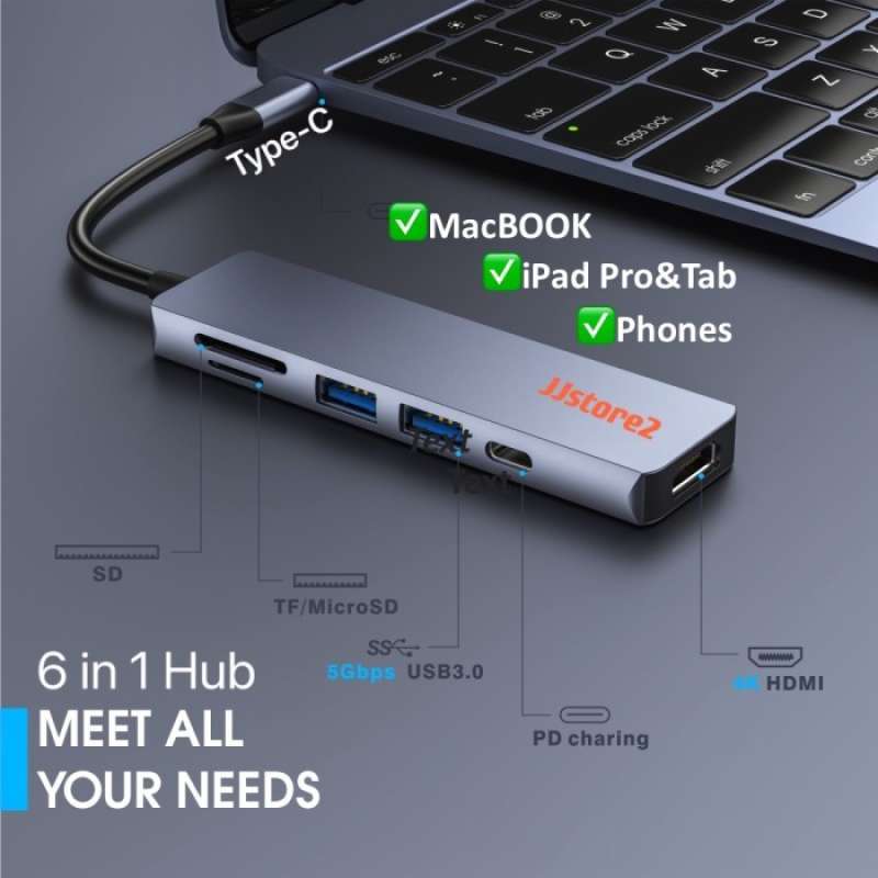 Promo 6 in 1 USB Type C Hub to HDMI 4K USB 3.0 SD/TF Card PD Charge ...