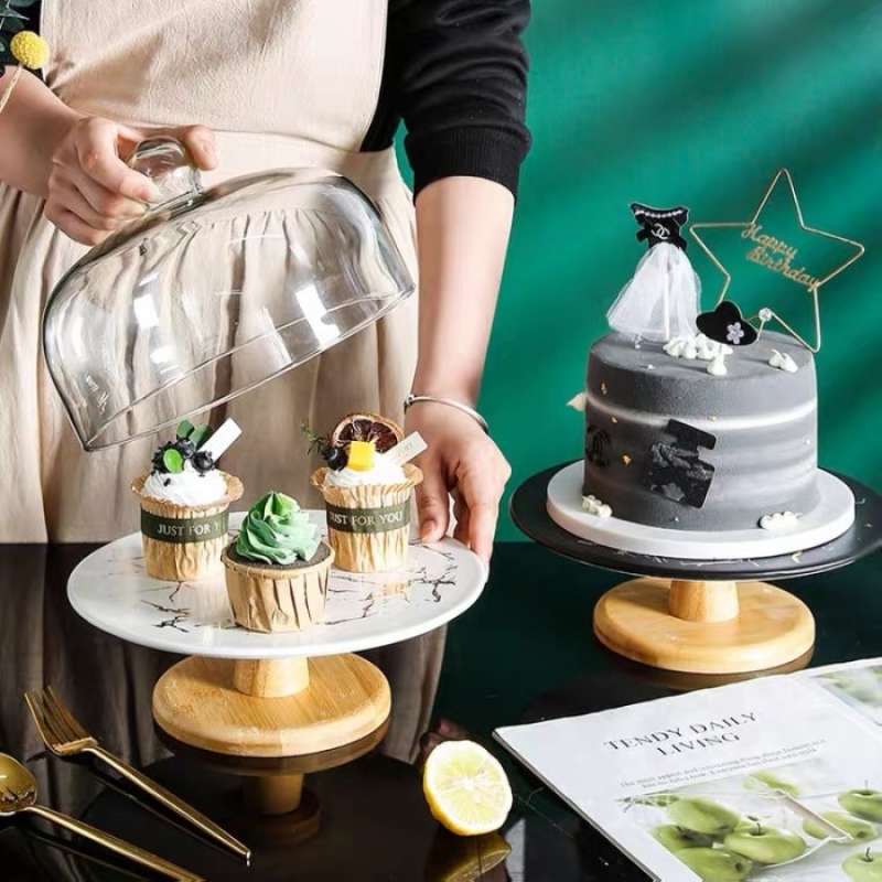 Promo Classic Cake Stand wadah tempat kue kaki kayu tutup kaca standing ...