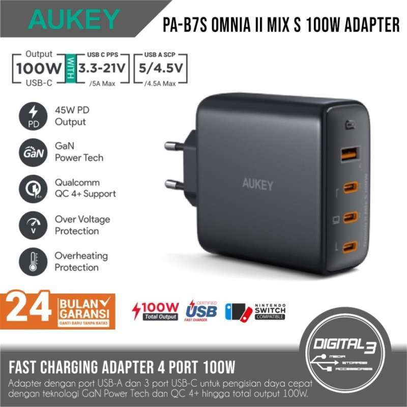 Jual Charger Aukey PA-B7S Omnia Duo II Mix S Adapter USB-C 100W PD 4 Port di Seller Digital 3 ...