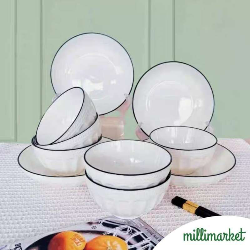 Jual EMMA SERIES / Piring mangkok keramik warna putih list / Korean ...