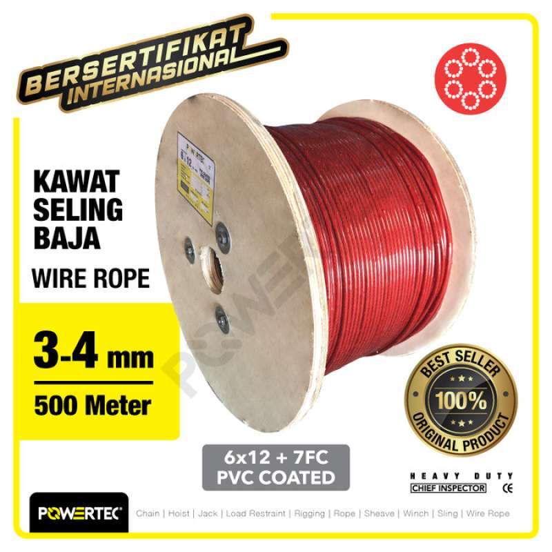 Promo Wire Rope / Kawat Seling Baja 6x12 7FC PVC 3-4mm Merah POWERTEC - 500m Diskon 23% di ...