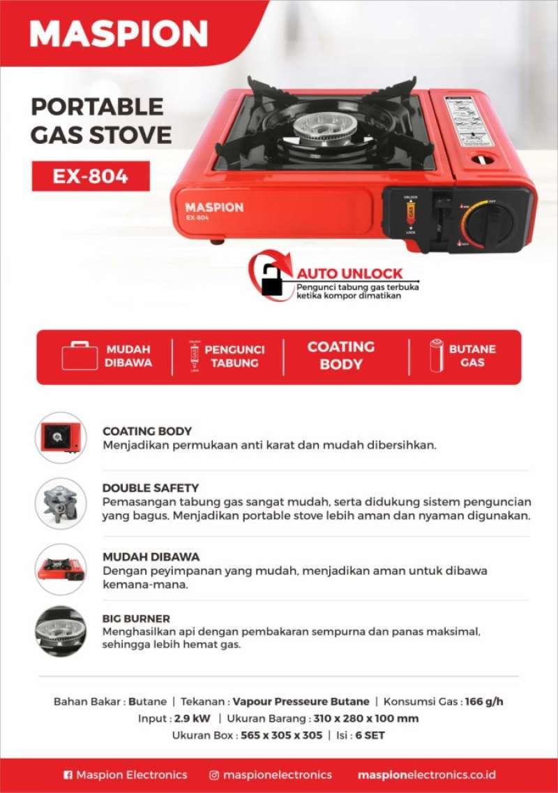 Promo MASPION EX 804 RED PORTABLE GAS COOKER 1 STOVE KOMPOR GAS / EX804 ...