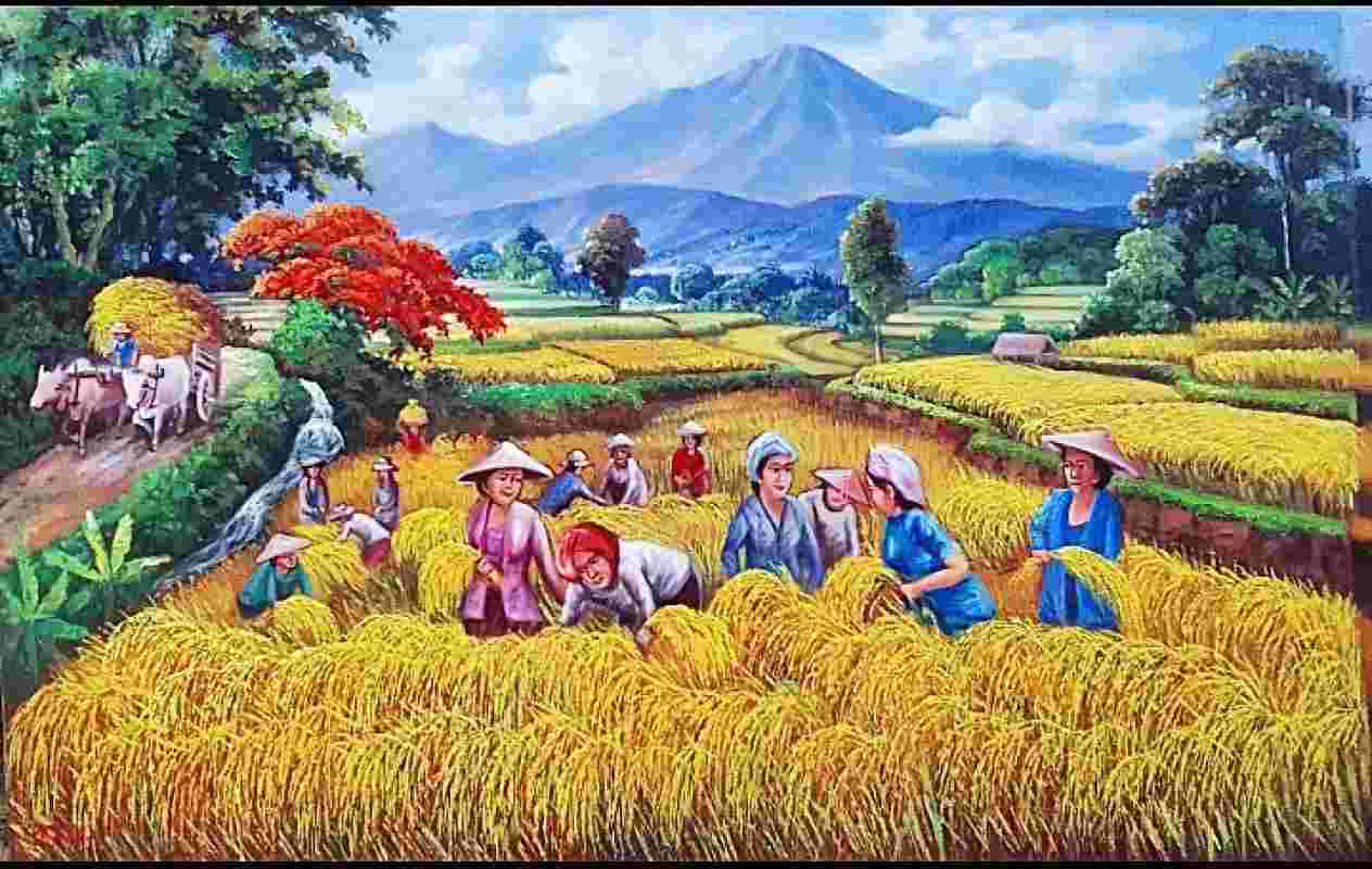 Promo Lukisan Sawah Panen Raya dengan Gerobak Sapi Nuansa Realistis ...