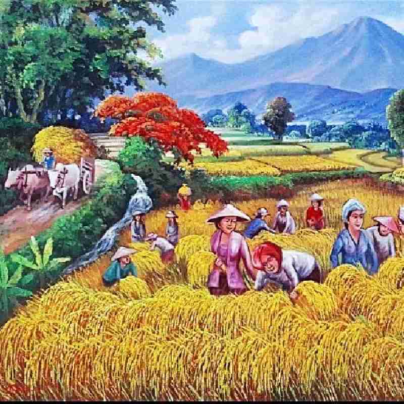 Promo Lukisan Sawah Panen Raya dengan Gerobak Sapi Nuansa Realistis ...