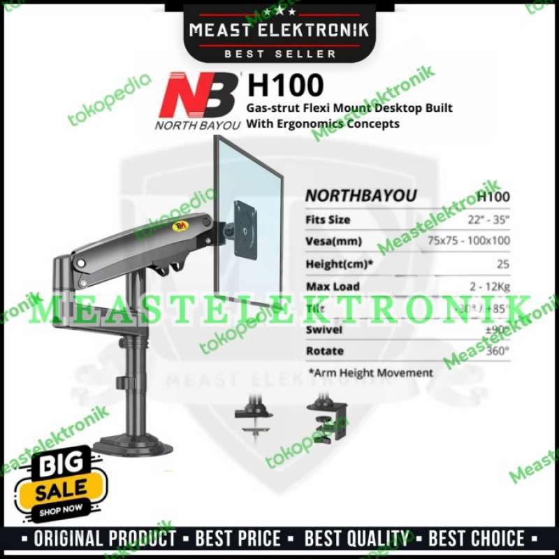 Promo BRACKET MONITOR 22 - 35 INCH NB H100 GAS STRUT FLEXI MOUNT DESKTOP Diskon 23% di Seller ...