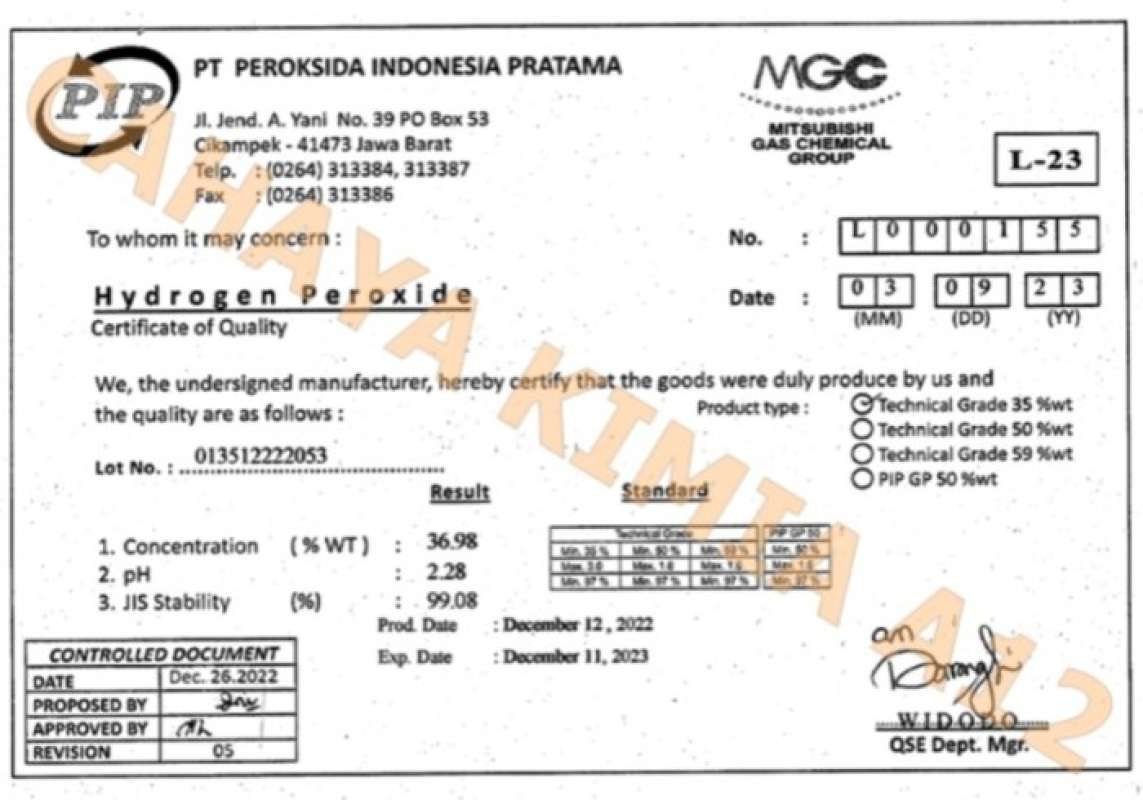 Promo H2O2 PIP FOOD GRADE 35% Hydrogen Peroxide 1 Jerigen 30 kg INSTANT ...