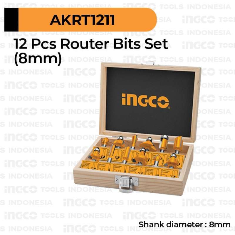 Promo 12-Pcs Router Bits (8mm) INGCO AKRT1211 Mata Mesin Router Profil ...