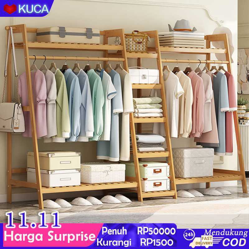 Promo 【100% bambu】Rak Gantungan Baju kayu Dengan Rak 5 Susun Tempat ...