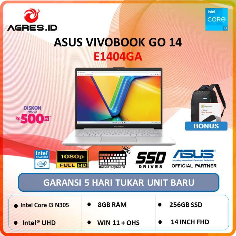 Promo Asus Vivobook Go 14 E1404ga - I3 N305 8gb 256gb 14.0 Fhd Win11 Ohs - Bundling Acc Silver ...