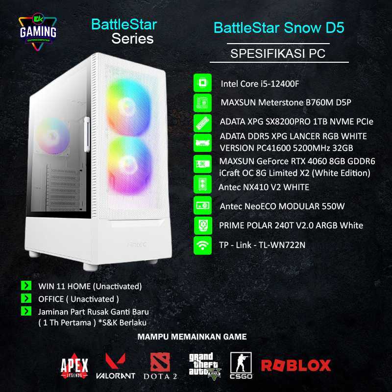 Promo Pc Rakitan Ek Gaming Battlestar Snow D5 - I5 Rtx 4060 - Enter ...