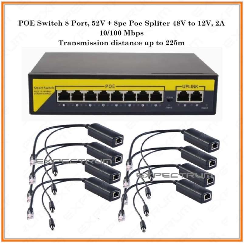 Promo Poe Swicth 8 Port 10/100m. 52v Adaptor + Poe Splitter 48v-12v/5v ...