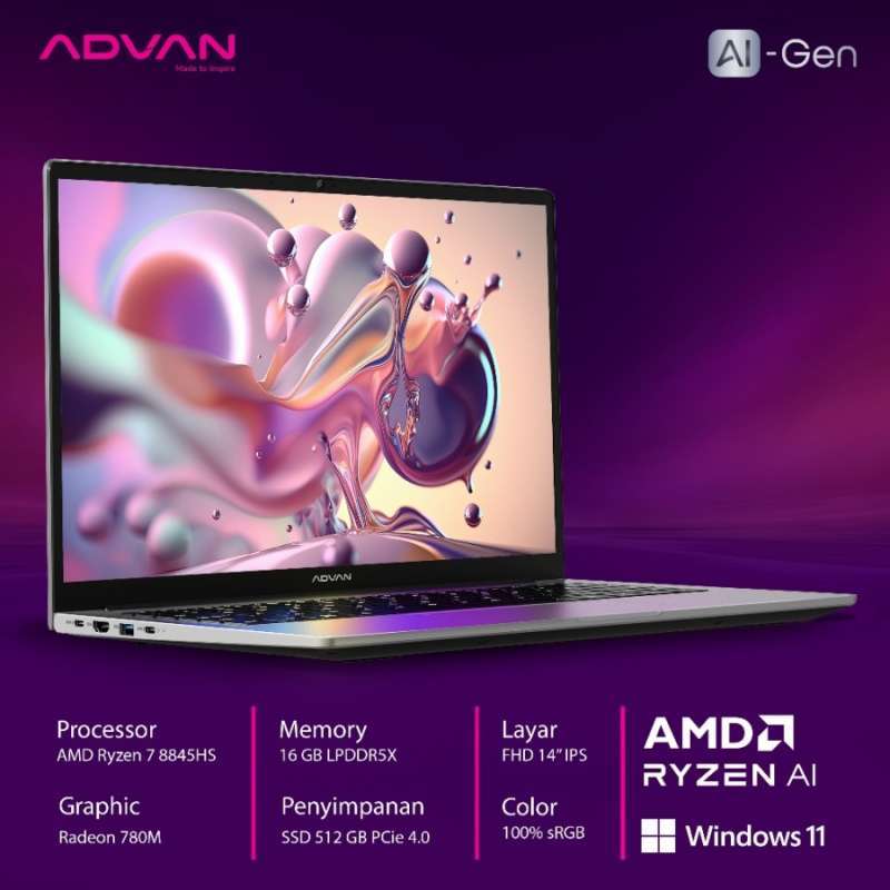 Promo Laptop Advan Ai Gen Ryzen 7 8845hs 16gb 512gb Radeon 780m Fhd Ips ...