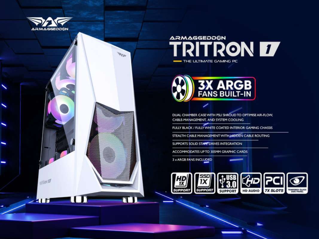 Jual Casing Pc Gaming Armaggeddon Tritron 1 Atx With Rgb Fan - White Di ...