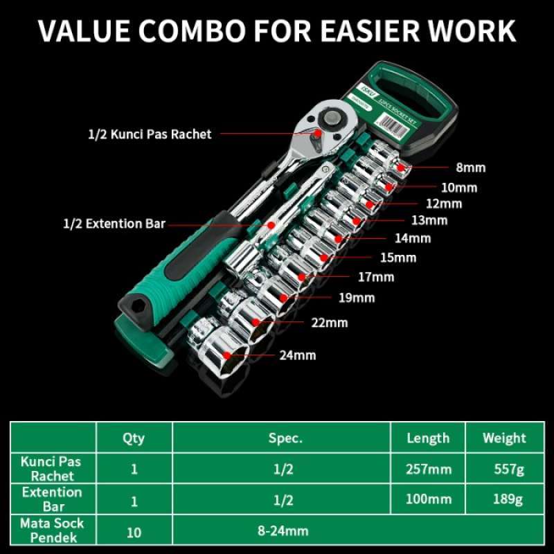 Jual Isku Kunci Socket Set 12pcs Drive Socket 1/2inch Mata Kunci Sok Di ...