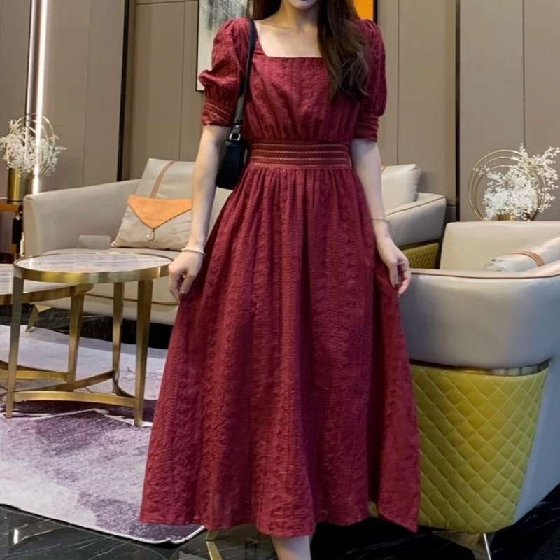 Jual Midi Dress Puffy Sleeve Classic Maroon Red Waisty Texture Import ...
