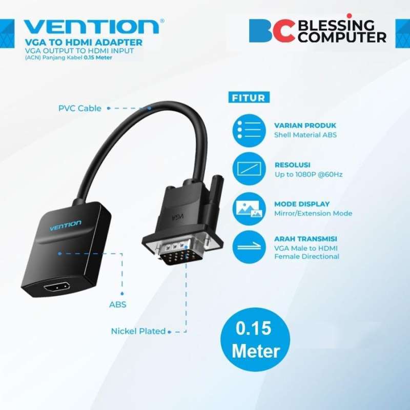 Jual Converter Vention Acnbb VGA To Hdmi Adapter Metal With Micro-usb ...