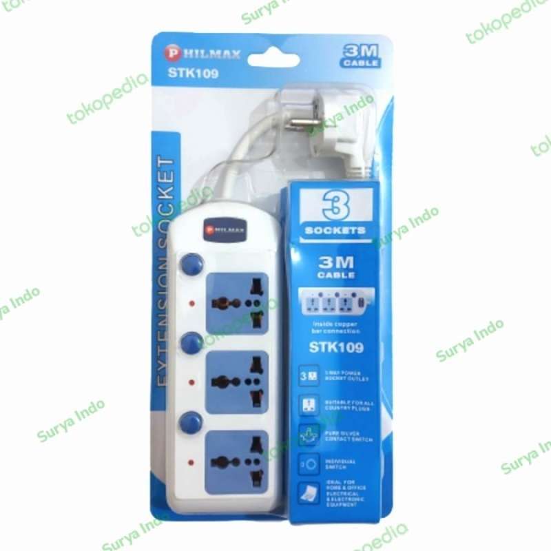 Jual STOPKONTAK UNIVERSAL EXTENSION SOCKET 3 LUBANG+KABEL 3M PHILMAX ...