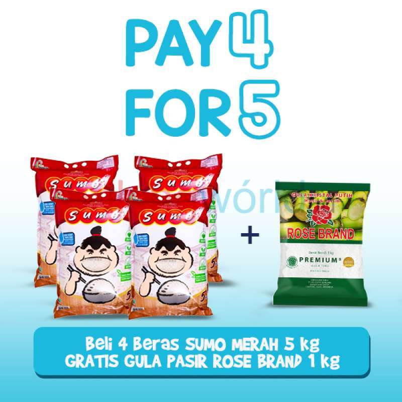 Jual (PAY 4 FOR 5) Beras Sumo Merah kemasan 5 Kg + FREE Gula Pasir Rose ...