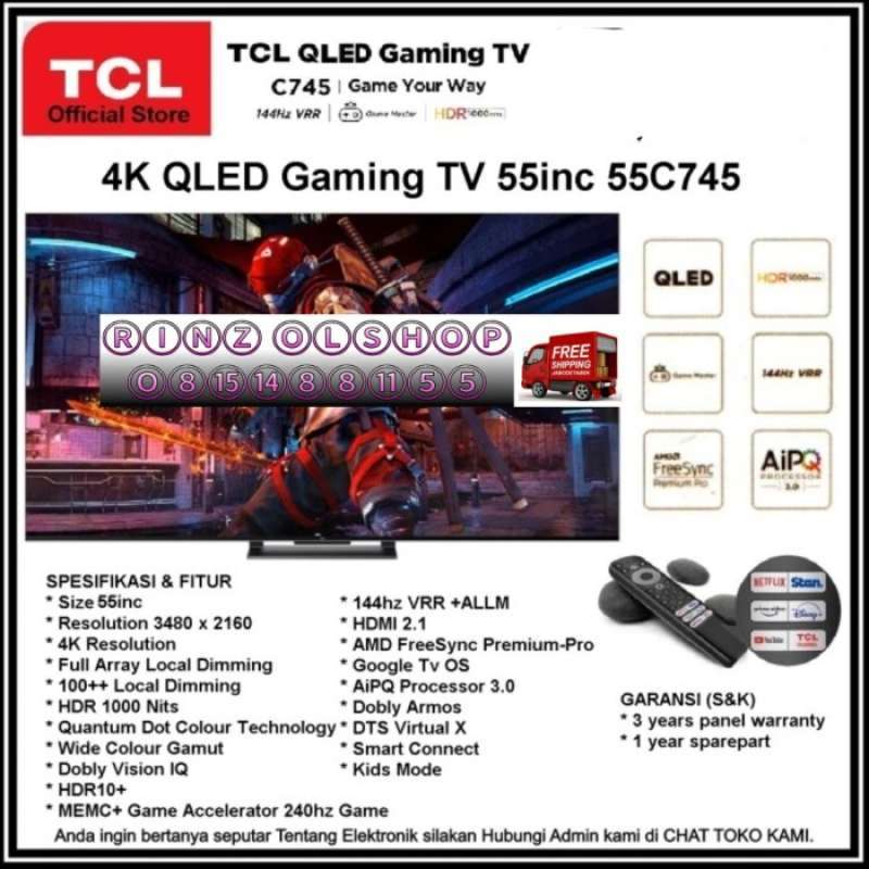 Jual Led Tv Tcl 55C745 Qled Uhd 4K 144Hz Vrr Gaming Google Android ...