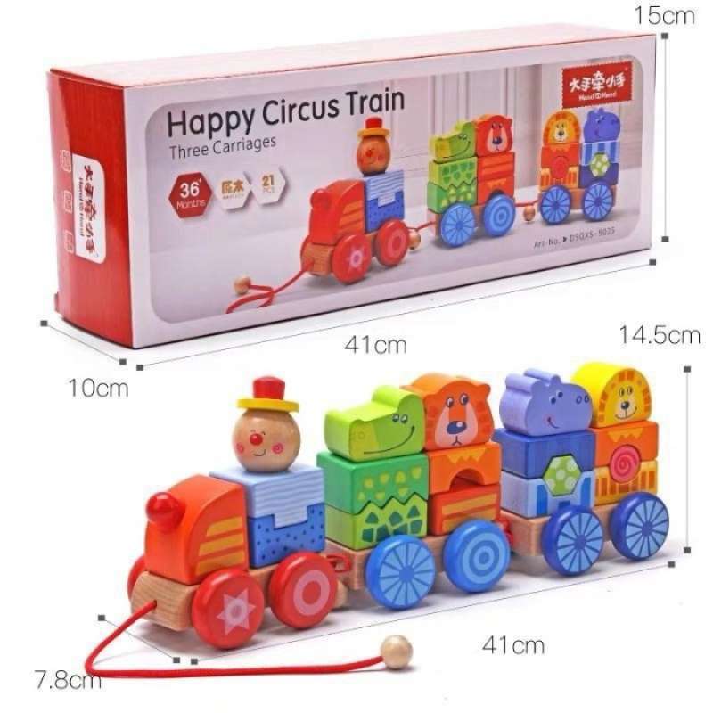 Jual happy circus trains blocks baby bright wooden train mainan kereta ...