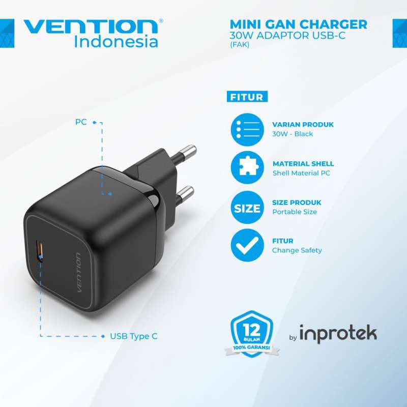 Jual Vention GaN Charger Adaptor USB-C Mini GaN Power Adapter Android ...