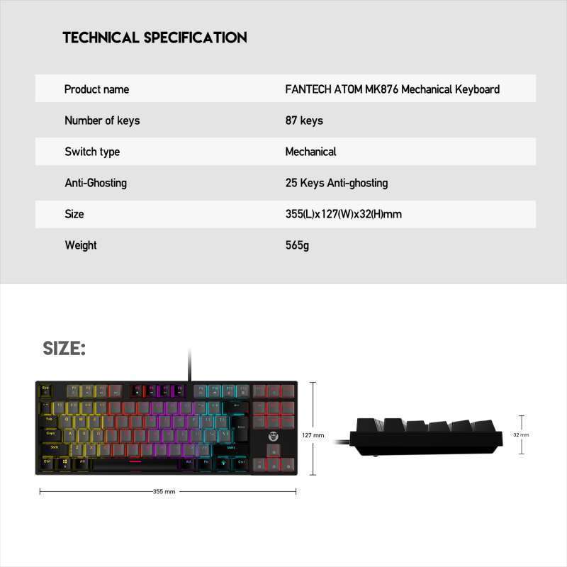 Jual Fantech ATOM MK876 RGB Keyboard Gaming Mechanical TKL - Hitam Blue ...