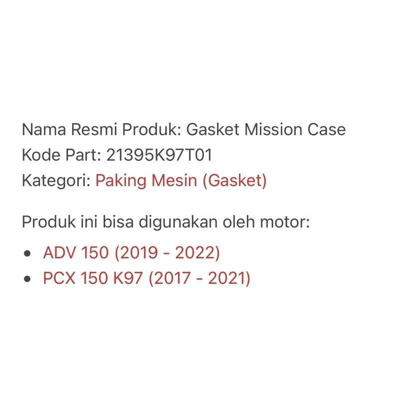 Jual Perpack Gear Box Gasket Mission Adv150 Pcx150 21395-k97-t01 Honda ...