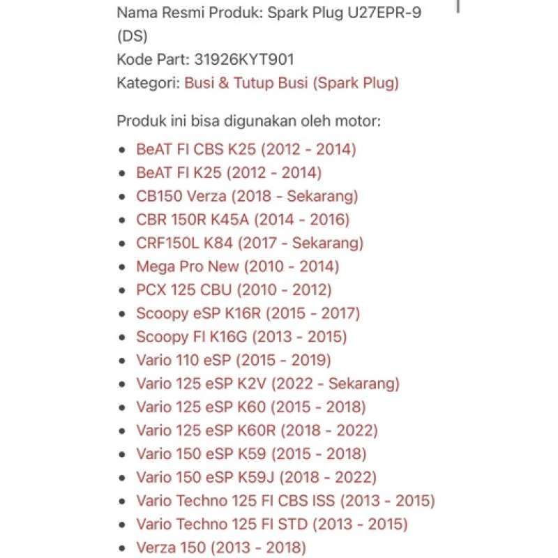 Jual Busi Spark Plug Kph Beat Fi Scoopy Fi U27epr-9 31926-kyt-901 Honda Ahm Di Seller Victory ...