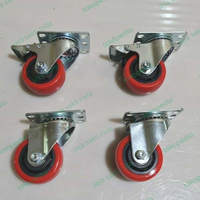 Promo Roda Pu Merah 2 Inch Ball Bearing 2putar+rem 2putar Beban 400 Kg ...