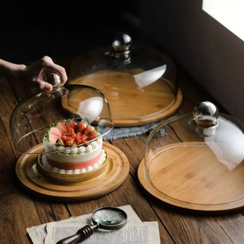 Jual Tempat Kue Round Wooden Cake Stand With Glass Dome Cover Cake ...