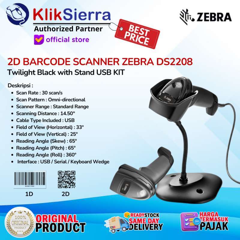 Jual Zebra Ds2208 1d 2d Wire Barcode Scanner Symbol Ds-2208 Stand Usb Di Seller Kliksierra.com ...