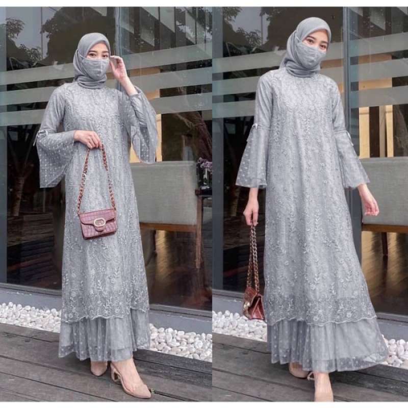 Promo (model Baru)gamis G Nafsi Maxi/dress Brukak Mix Tulle Full Puring ...