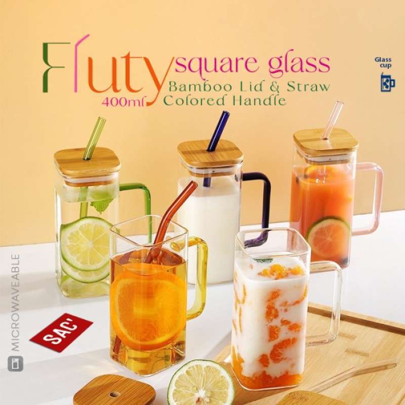 Jual Fluty Aesthetic Glass Juice Cup Set Gelas Kaca Plus Sedotan Tutup ...