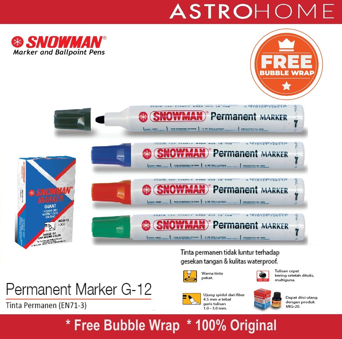 Jual Spidol Snowman Permanent Marker G 12 Merah 🏷️ Original Terbaru ...