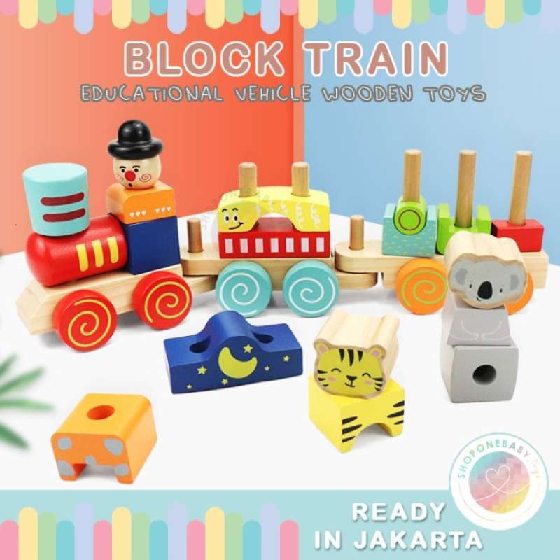 Jual train stacking block wooden toys mainan leo & friends kayu kereta ...