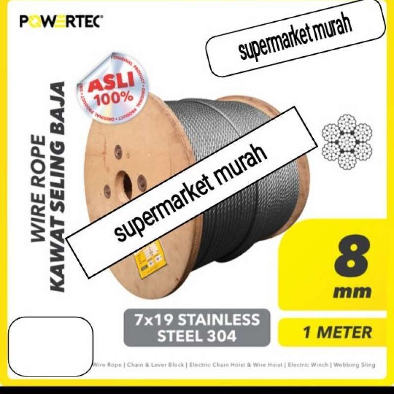 Promo Wire Rope Kawat Seling Baja 7x19 Ss 304 8mm Powertec - 1 Meter Diskon 23% Di Seller Indah ...