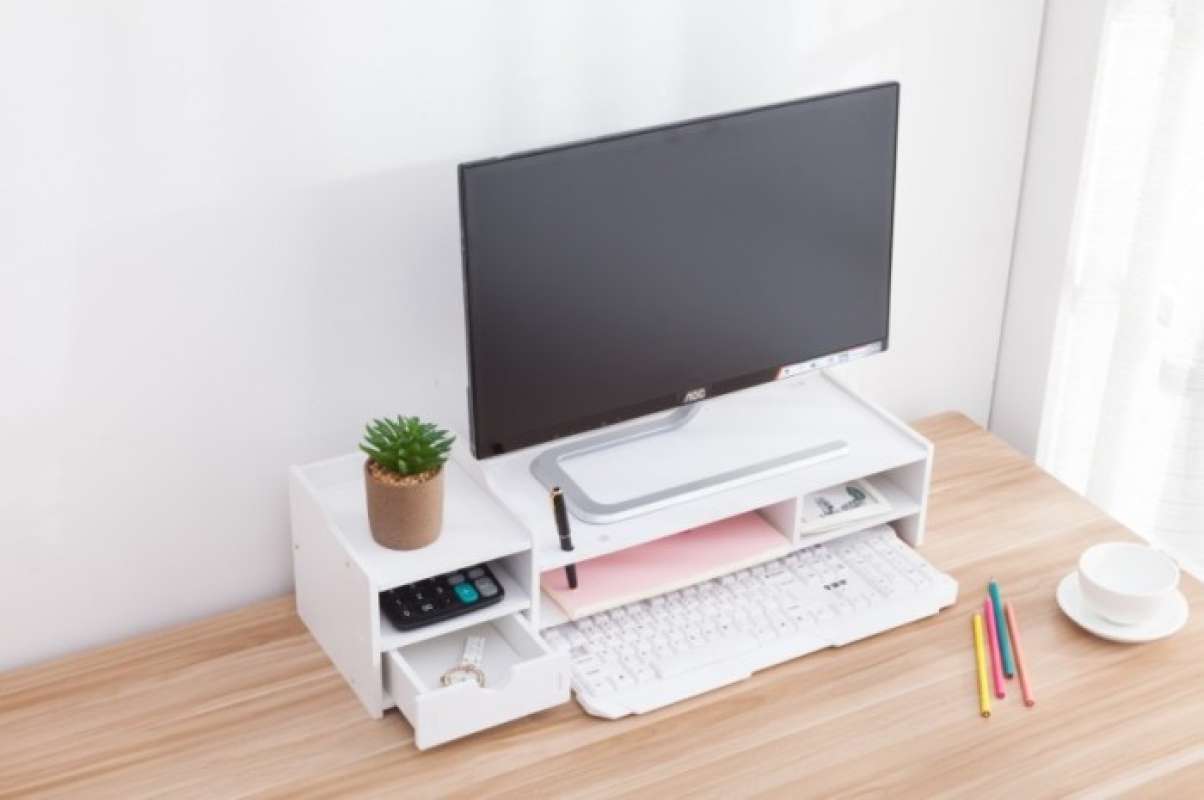 Promo Meja Riser Monitor Peninggi Lcd Laci Kerja Dengan Rak 2 Tingkat ...