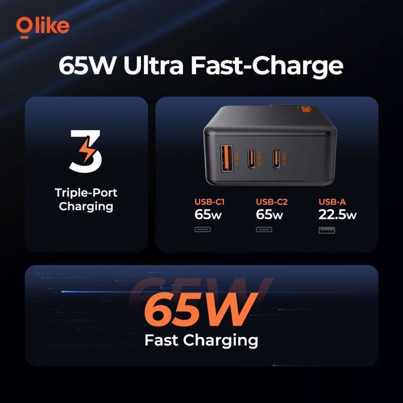 Jual Olike Gan2 Charger Adaptor Gan 65w 5a 3 Port Output Usb + Type C ...