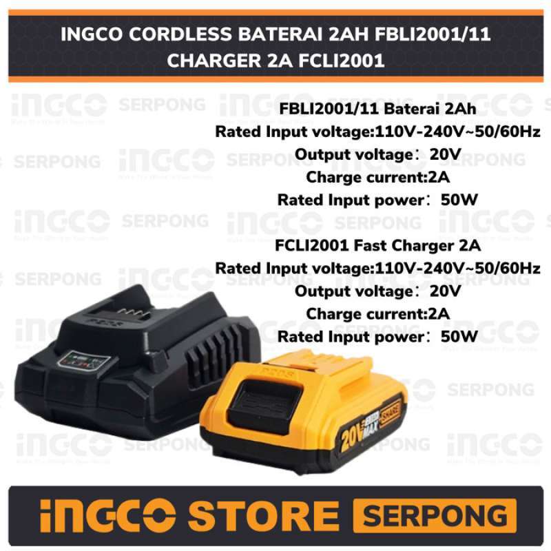 Promo INGCO CORDLESS BATERAI 2AH FBLI2001/11 CHARGER 2A FCLI2001 Diskon ...
