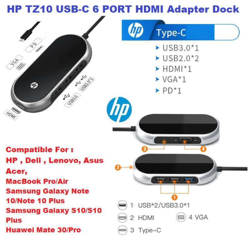 Promo Dock Adapter HP TZ10 USB-C 6 PORT GLOSSY HUB Multi USB 3.0 HUB ...