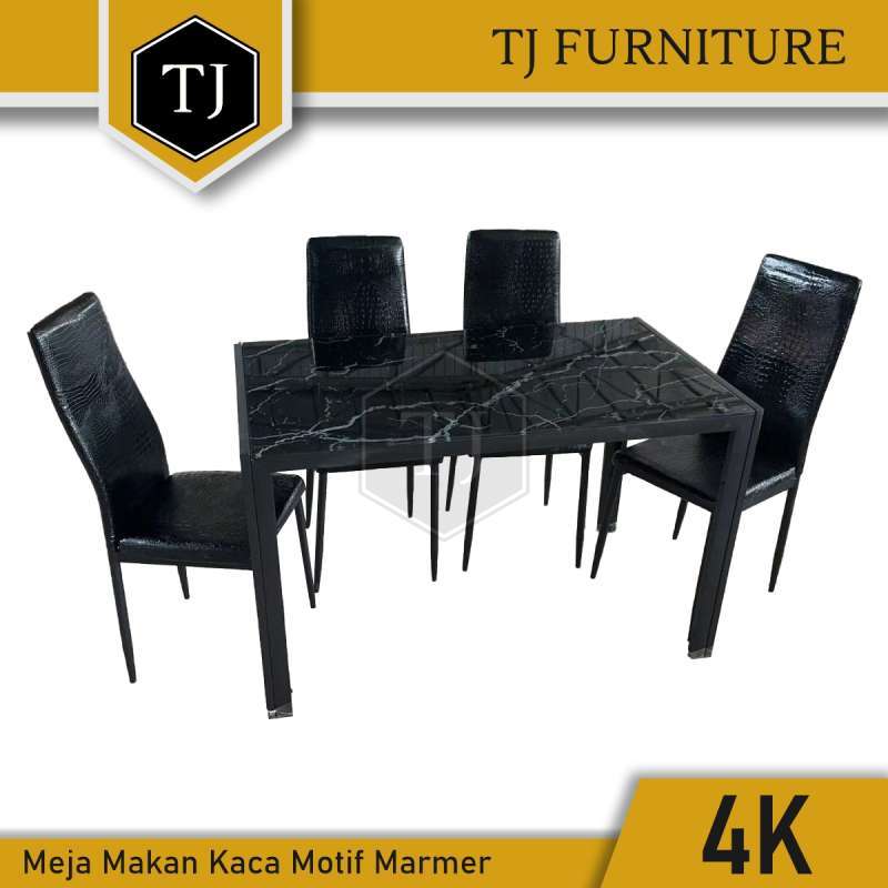 Jual Set Meja Makan Kaca Motif Marmer Kaki Besi dan 4 Kursi / Marble ...