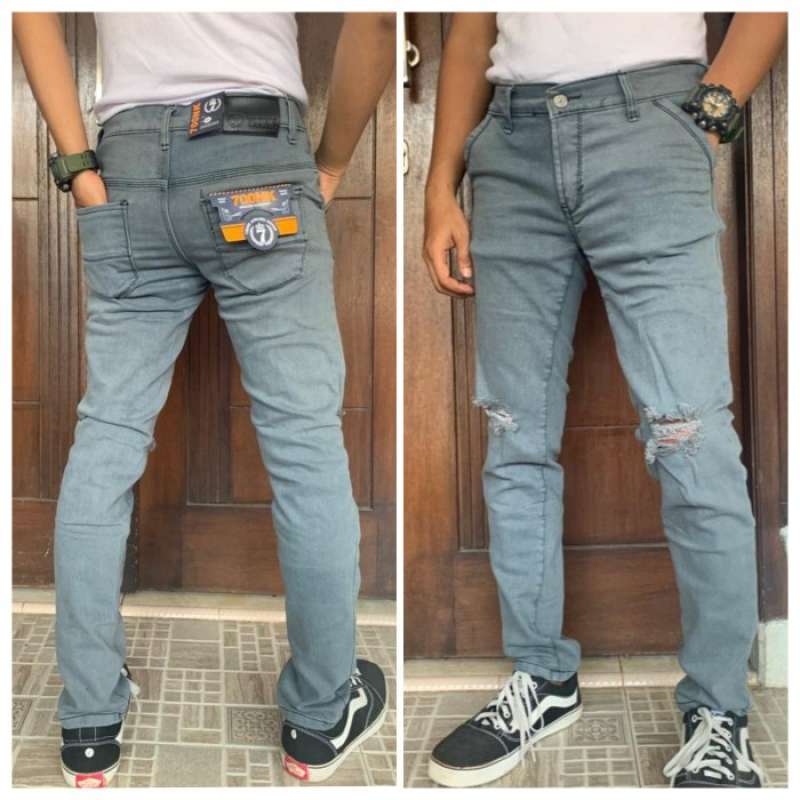 Promo Celana Sobek Jeans Panjang Slim Fit Pria / Robek Pensil Stretch ...