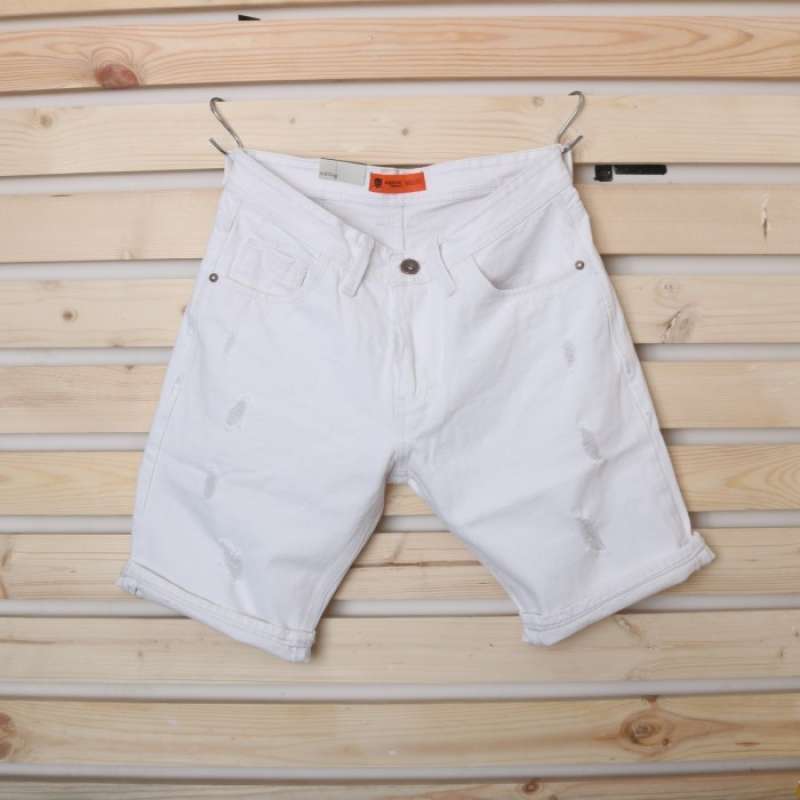 Promo CELANA PENDEK PRIA JEANS SOBEK WARNA PUTIH BERSIH BAHAN DENIM ...