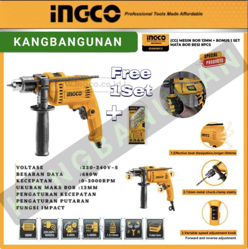Promo ID6808CG MESIN BOR TANGAN BETON IMPACT DRILL 13mm INGCO ID6808 ID ...