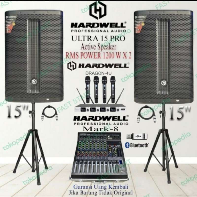 Promo PAKET SOUND SYSTEM SPEAKER HARDWELL ULTRA 15 PRO MIXER MARK8 4MIC ...