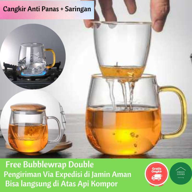 Promo Gelas Cangkir Mug Teh Kopi Kaca Tahan Panas Api Kompor+ Saringan ...