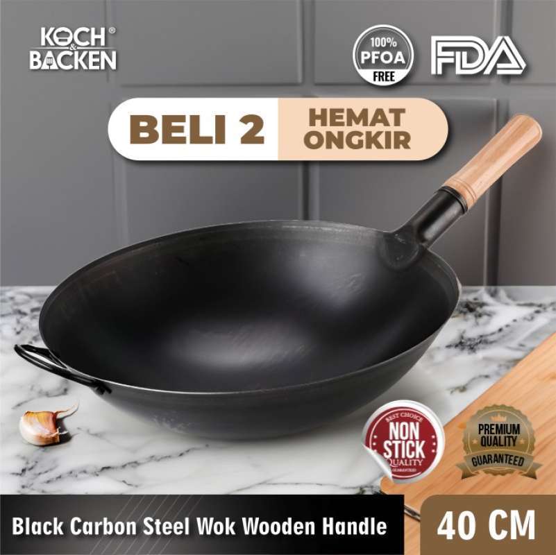 Promo Koch&Backen Black Carbon Steel Wok 40Cm Wajan Gagang Kayu Pre ...