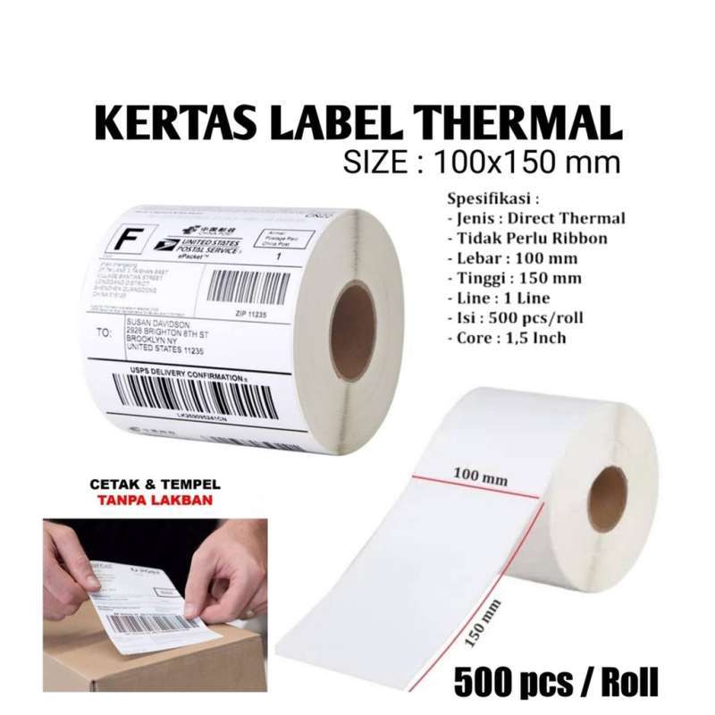 Jual Kertas Termal 100 X 150 Mm Model Roll Bulat Label Thermal Barcode Stiker Paper Isi 500pcs ...